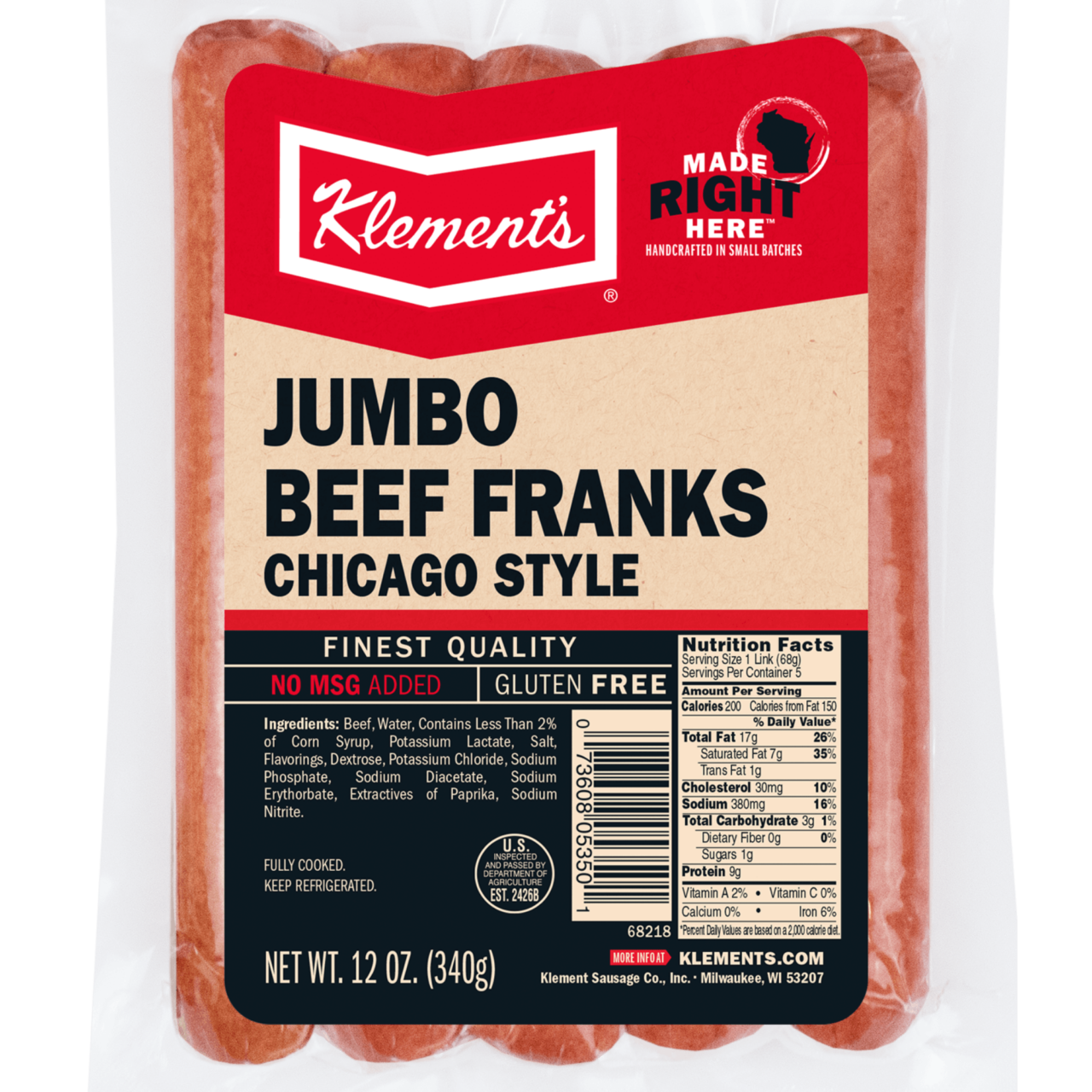 12 OZ Jumbo Beef Franks Chicago Style - Klement's
